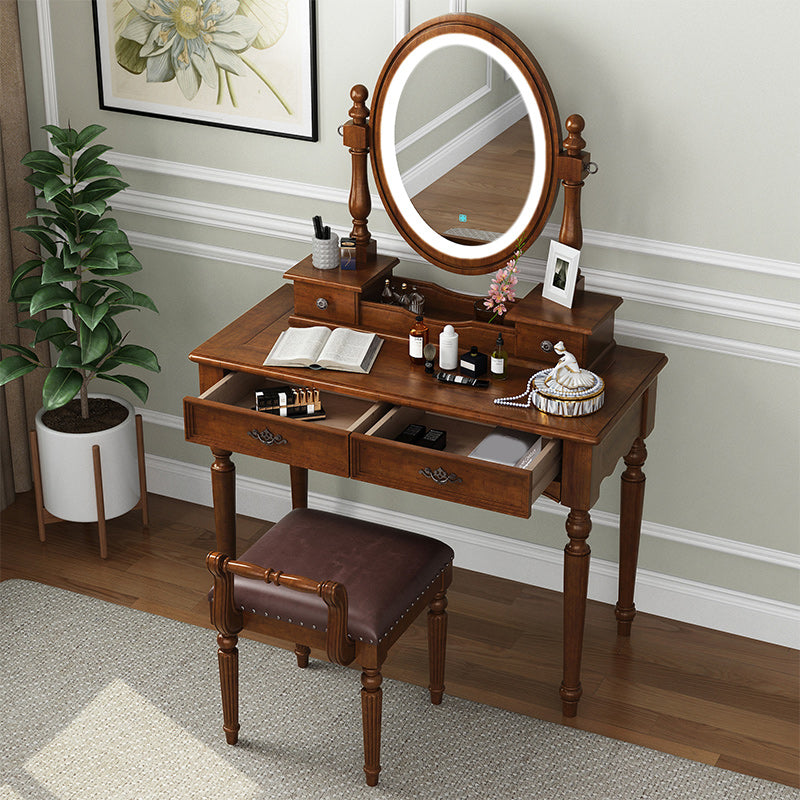 Brown Solid Wood Makeup Vanity with Drawers and Mirror Dressing Table