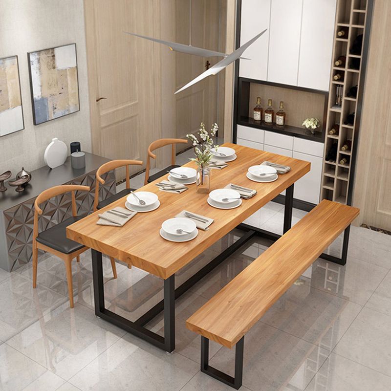 Natural Pine Wood Top Table Rectangle Black Iron Trestle Base Dining ...