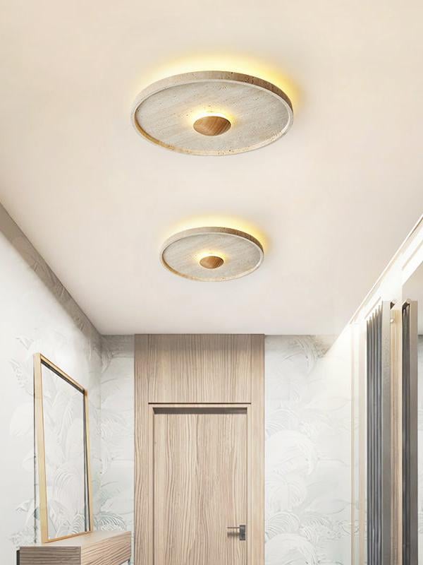 Traditional Japanese Yellow Travertine Disc Shade Wood Grain LED Flush ...